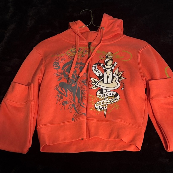 Ed Hardy | Jackets & Coats | Ed Hardy Graphic Orange Hoodie With Tattoo ...